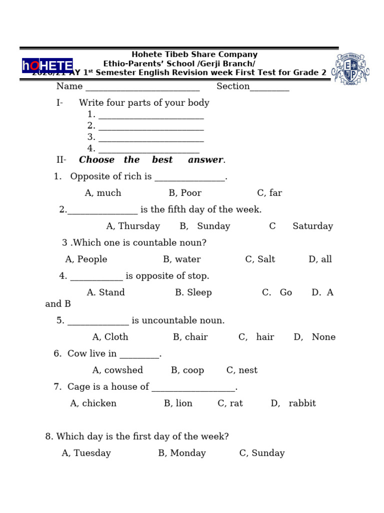 Grade 2 Revision Week Test 1 | PDF