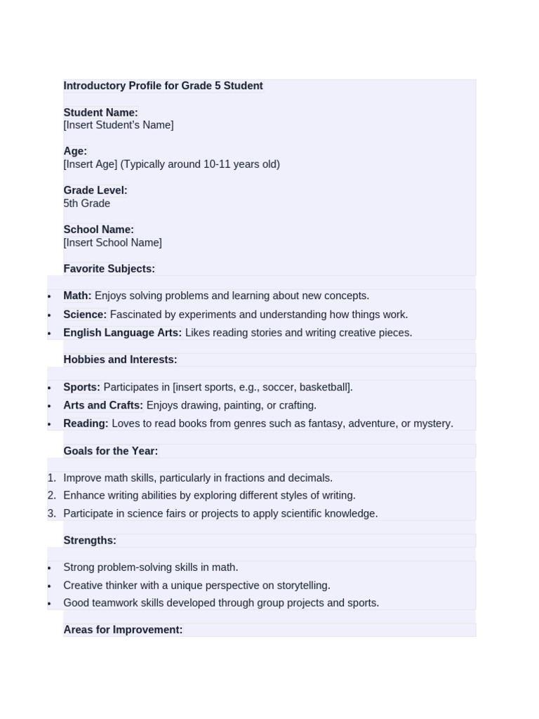 Grade 5 Student Profile Introduction | PDF