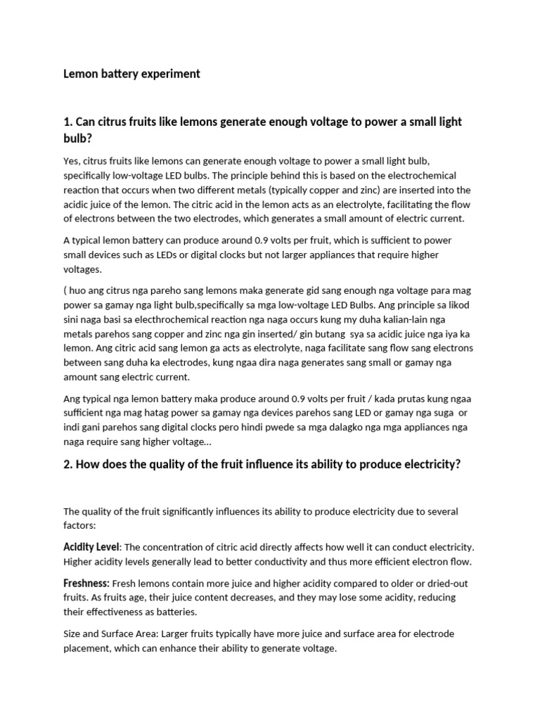 Lemon Battery Experiment | PDF | Physical Sciences | Physical Chemistry