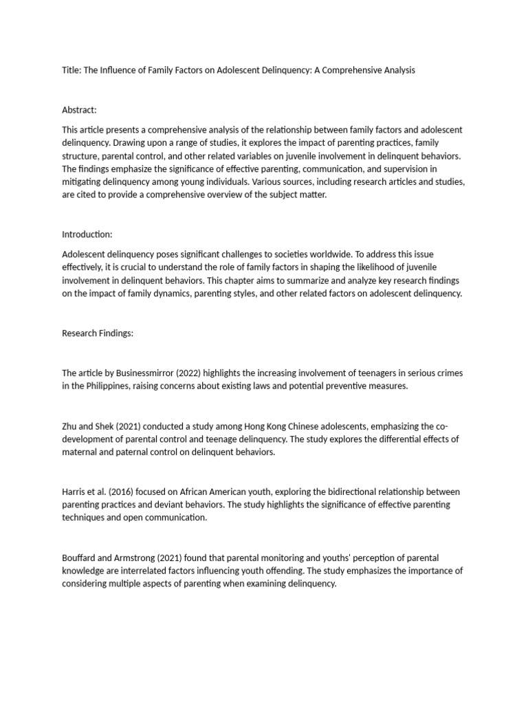 The Influence of Family Factors On Adolescent Delinquency: A ...