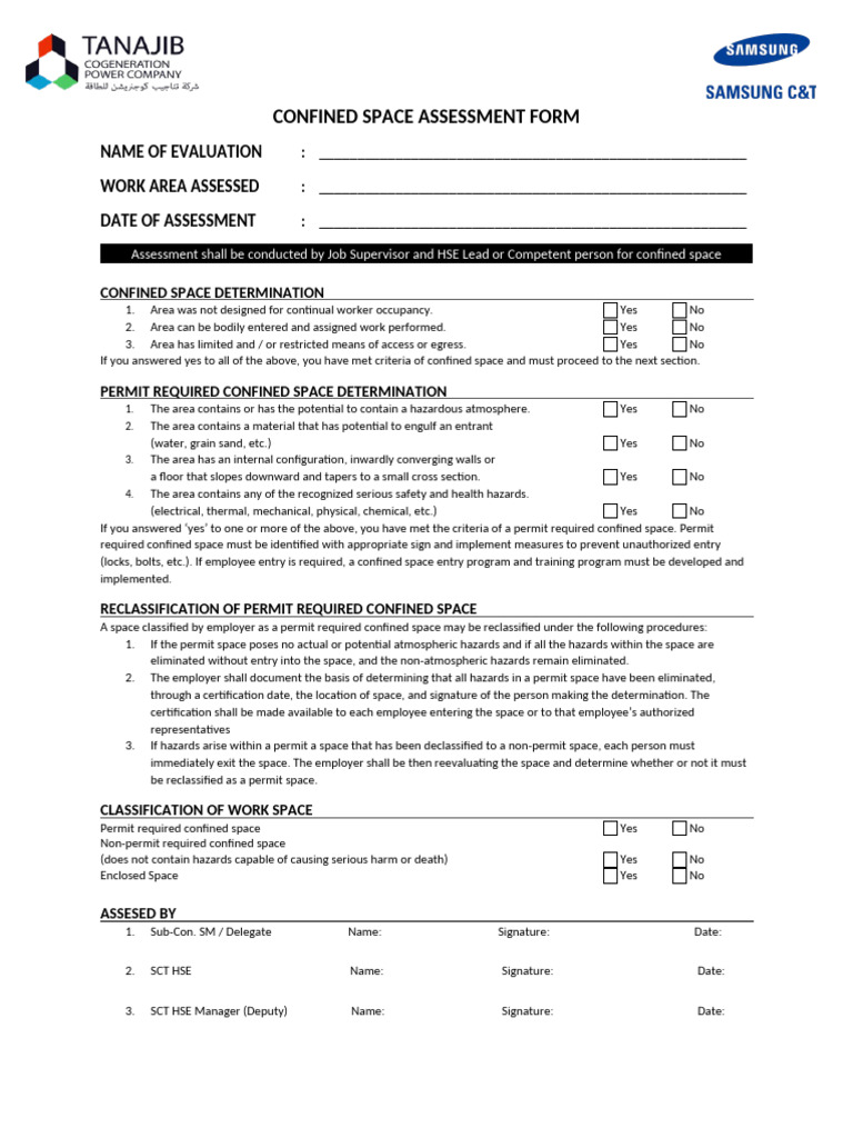 CONFINED SPACE ASSESSMENT FORM (1) | PDF | Labor Relations | Working ...