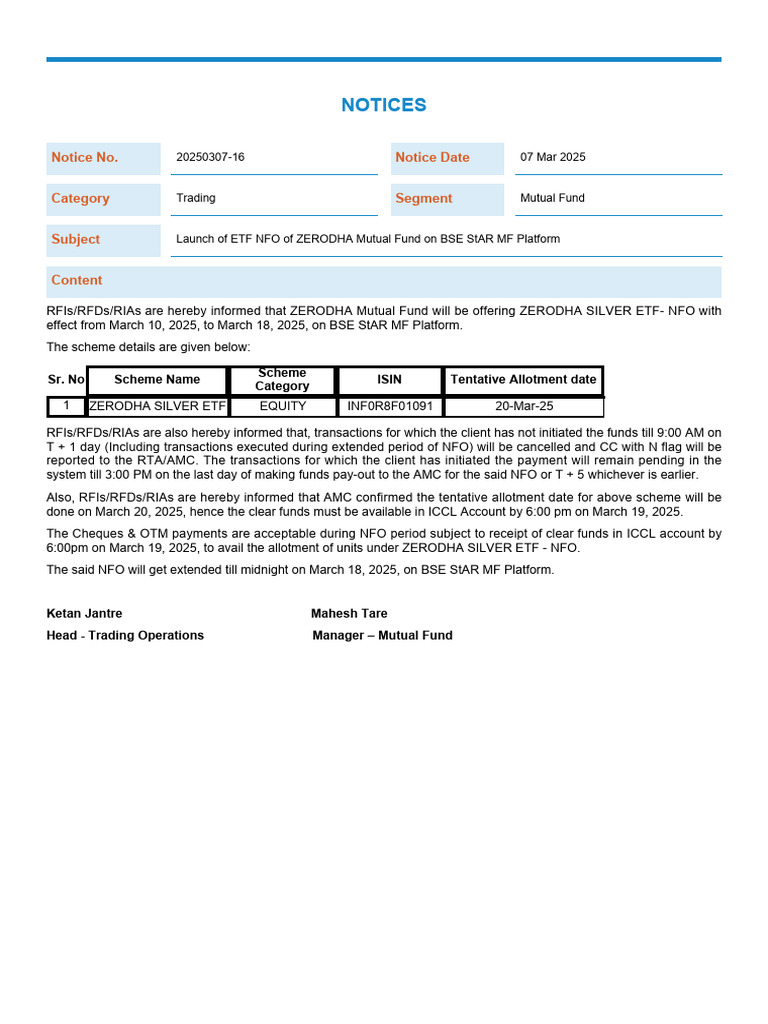 ZERODHA Silver ETF NFO Launch Notice | PDF