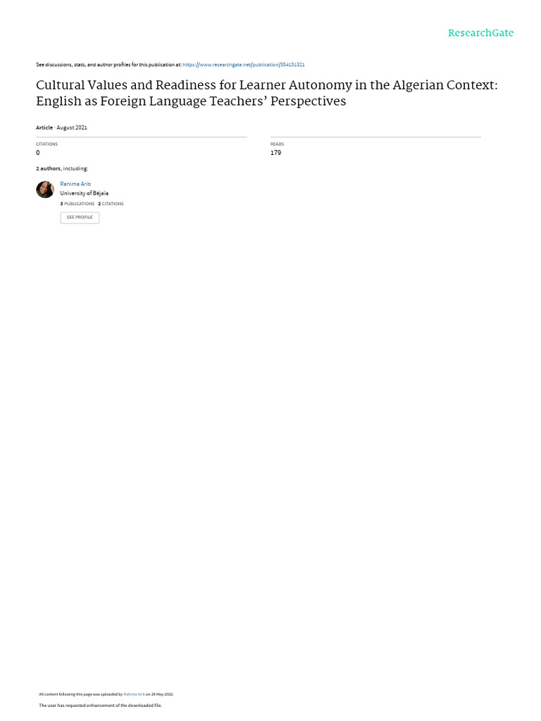 Cultural Values and Readiness For Learner Autonomy in The Algerian ...