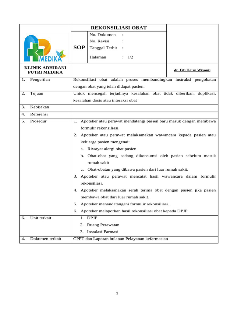 Fix - Sop Rekonsiliasi Obat Kapm | PDF