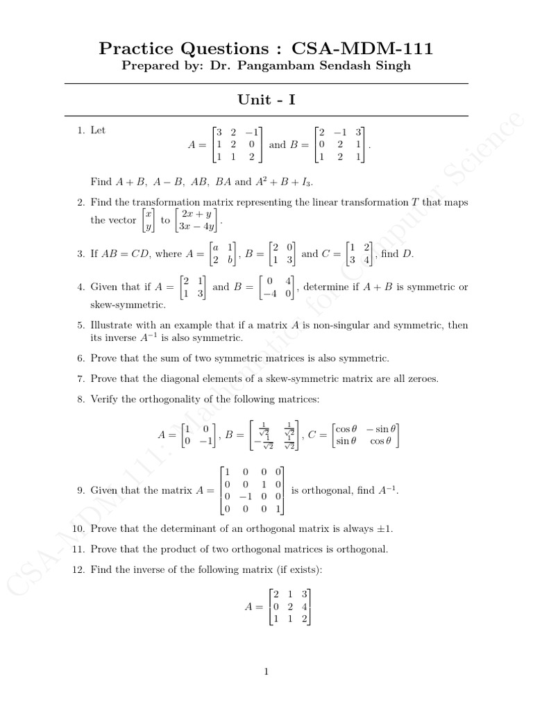 CSA MDM 111 Practice Questions | PDF | Eigenvalues And Eigenvectors | Matrix (Mathematics)