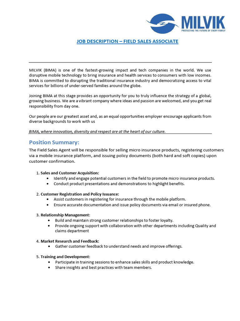 Job Description - Field Sales Associate FN VRS | PDF | Sales | Insurance
