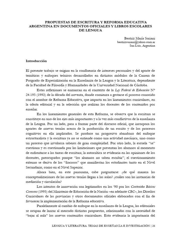Suriani, Beatriz - Propuestas de Escritura y Reforma Educativa | PDF | Lingüística | Enseñando