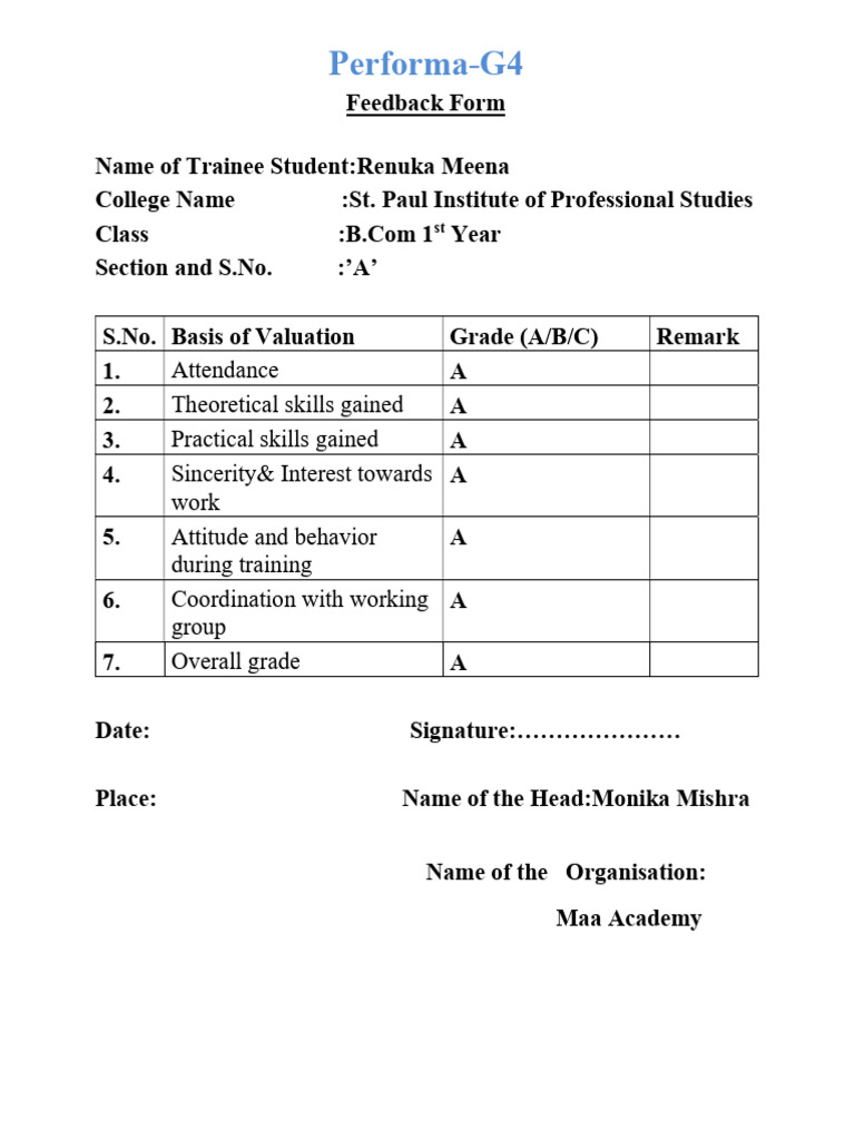 Performa-G4 Feedback Form for Trainee | PDF