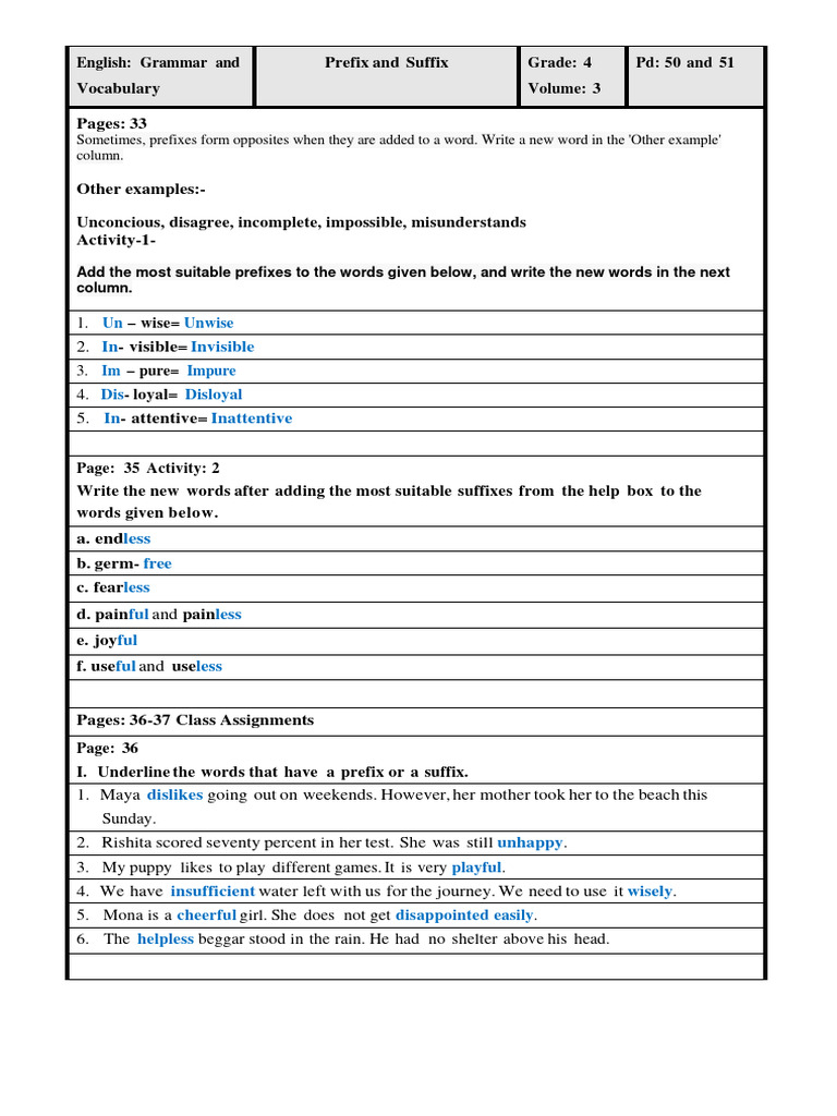 GV - CH 5 - Prefix and Suffix - Eng - GR 4 - Vol 3 - TBAS 51 | PDF | Lexical Semantics | Grammar