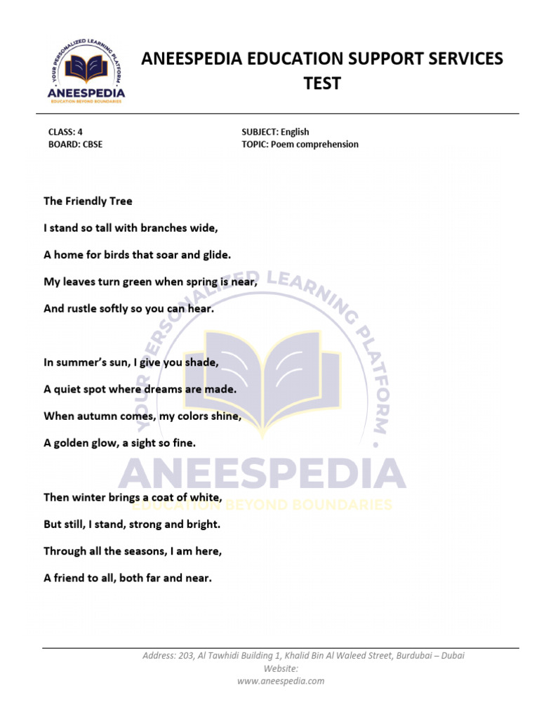 4 CBSE English - Poem Comprehension | PDF