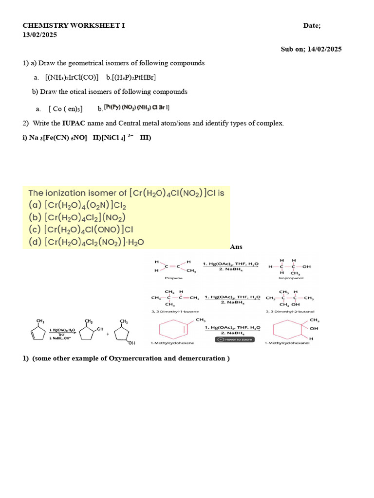 Chemistry Worksheet: Isomers & Complexes | PDF