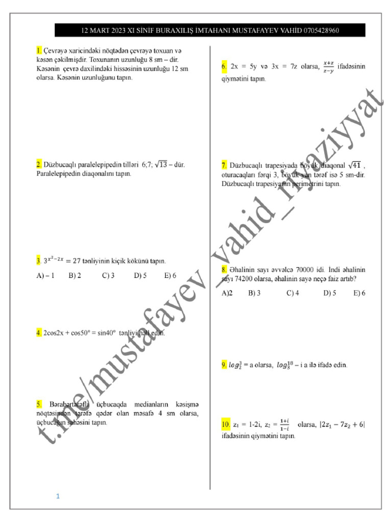 12 Mart 2023 Xi Sinif Buraxilis Imtahani | PDF