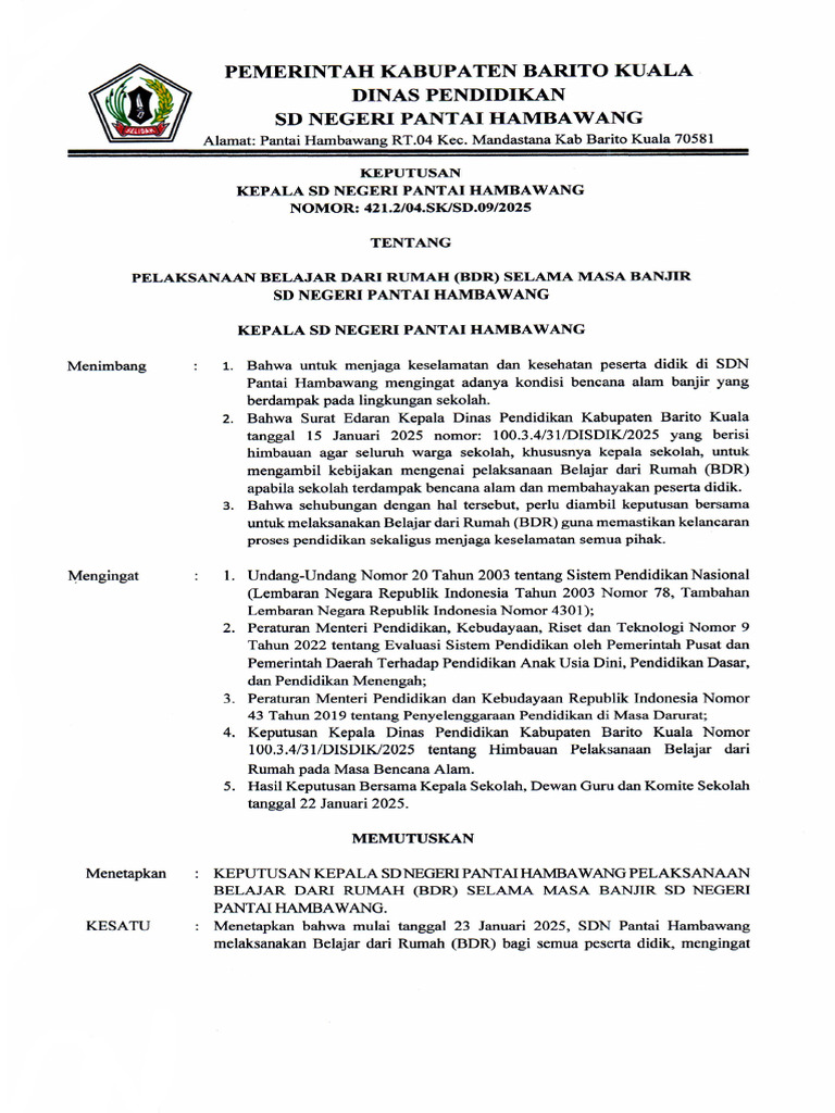 SK BDR Masa Banjir Tahun Ajaran 2025 | PDF