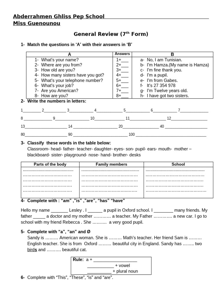 7th Form General Review Mid 1 | PDF | Syntax | Linguistics