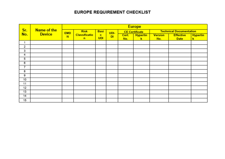 Europe Requirement Checklist | PDF