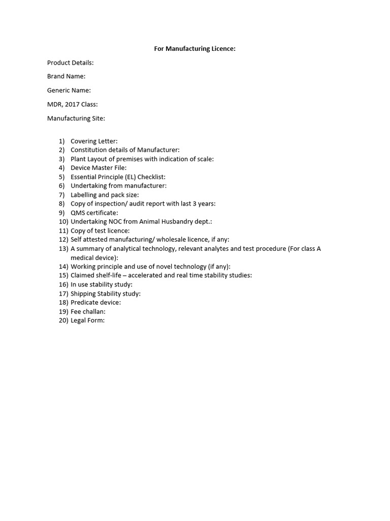 Manufacturing Licence Application Requirement (IVD) | PDF