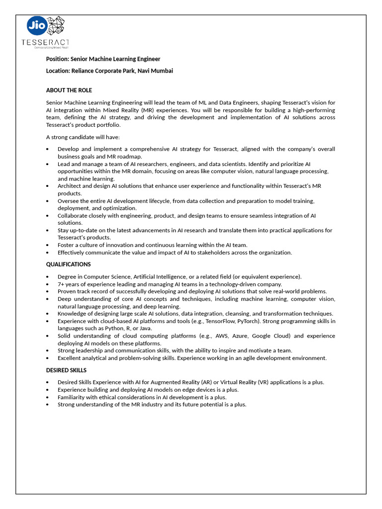 Ai ML Engineer Job Description | PDF | Artificial Intelligence ...