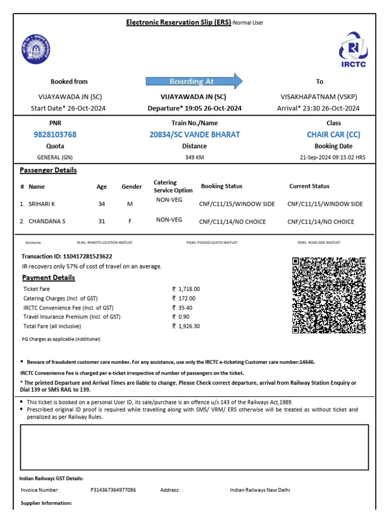 Vja To Vizag Railway Ticket | PDF | Identity Document | Payments
