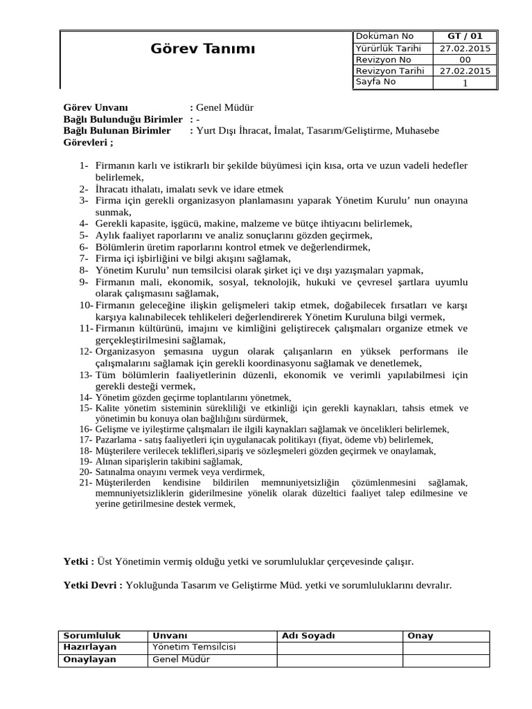 Iso 9001 Genel Mudur Gorev Tanimi | PDF