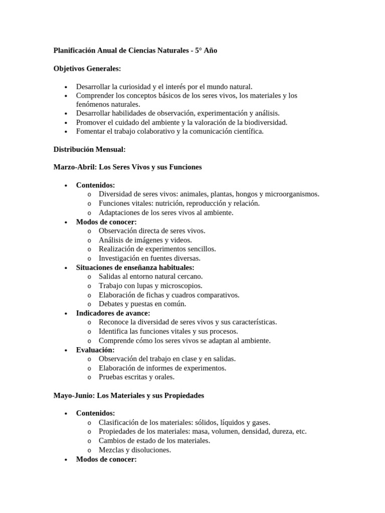 Planificación Anual de Ciencias Naturales 5° para armar | PDF | Observación | Laboratorios