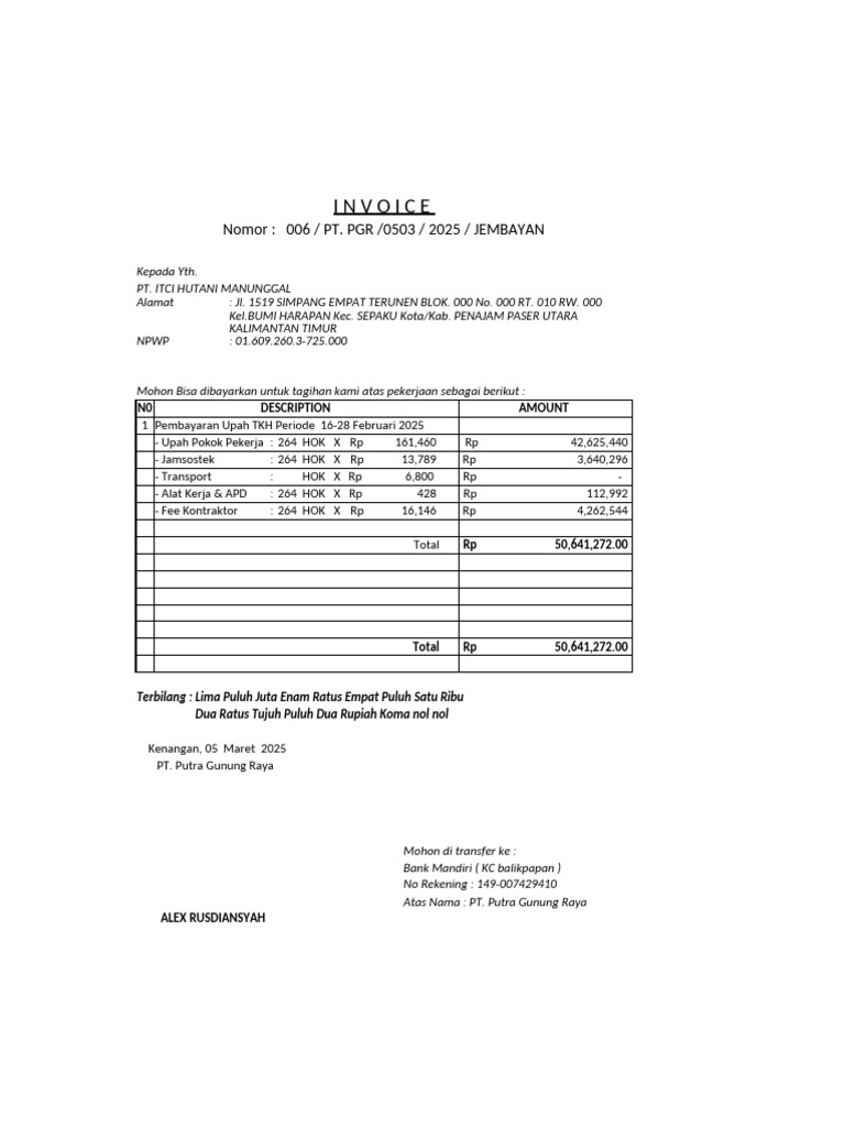 Invoice Pembayaran PT. Putra Gunung Raya | PDF