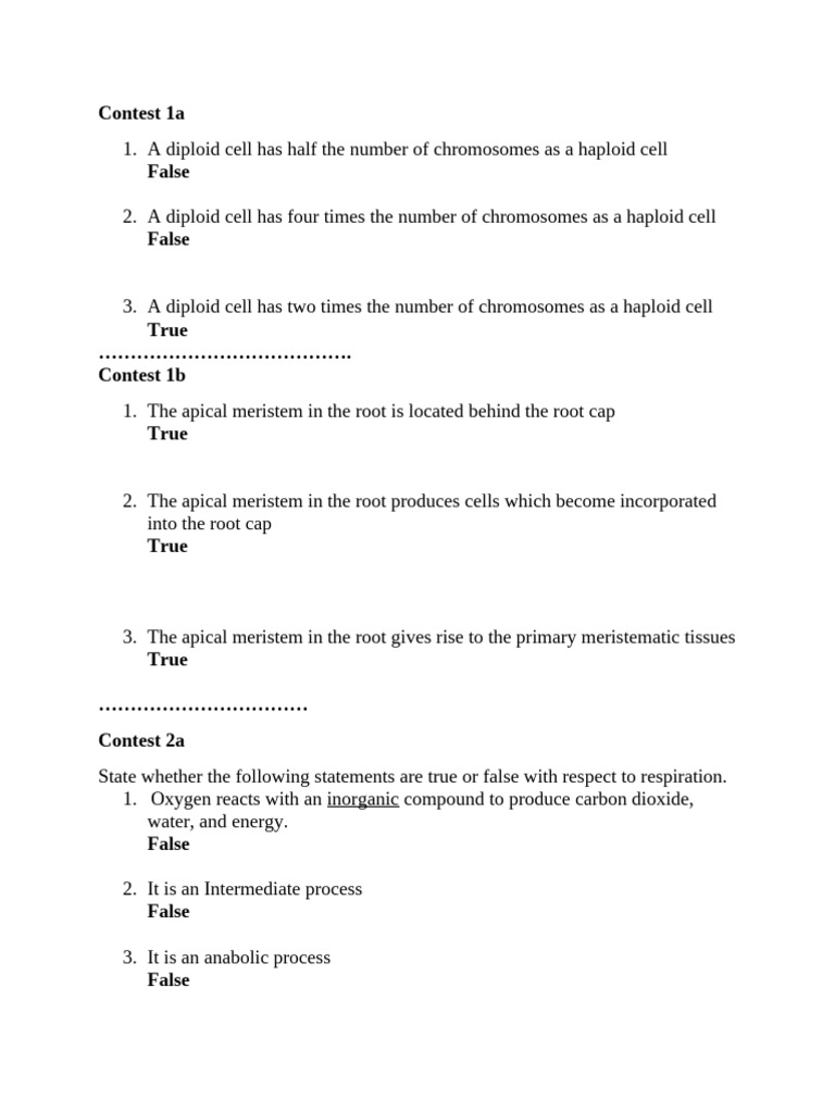 True/False Biology Concepts Review | PDF | Cell (Biology) | Enzyme ...