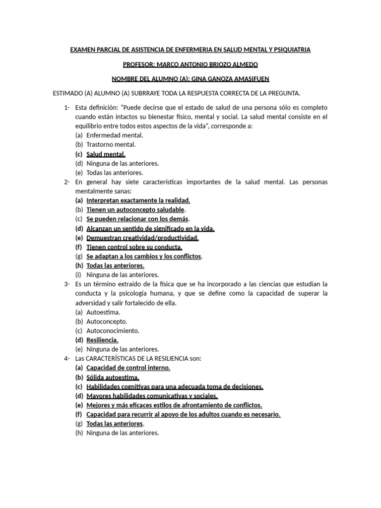 EXAMEN GINA DE SIQUIATRIA | PDF | Autoestima | Salud mental