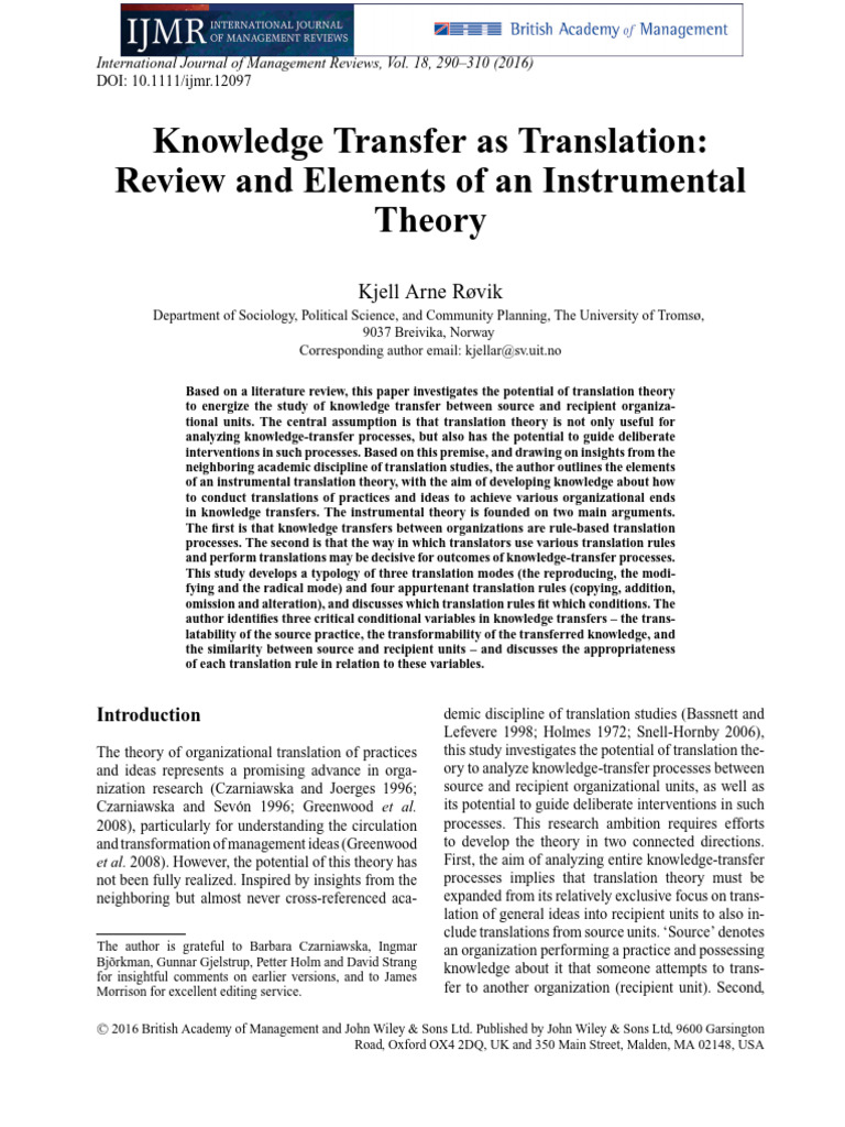 Int J Management Reviews - 2016 - R Vik - Knowledge Transfer As ...