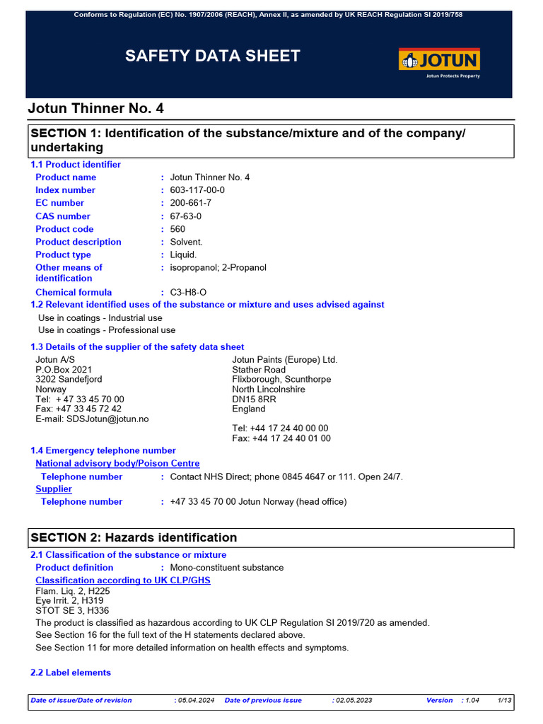 Jotun Thinner No. 4 Safety Data Sheet | PDF | Toxicity | Personal ...