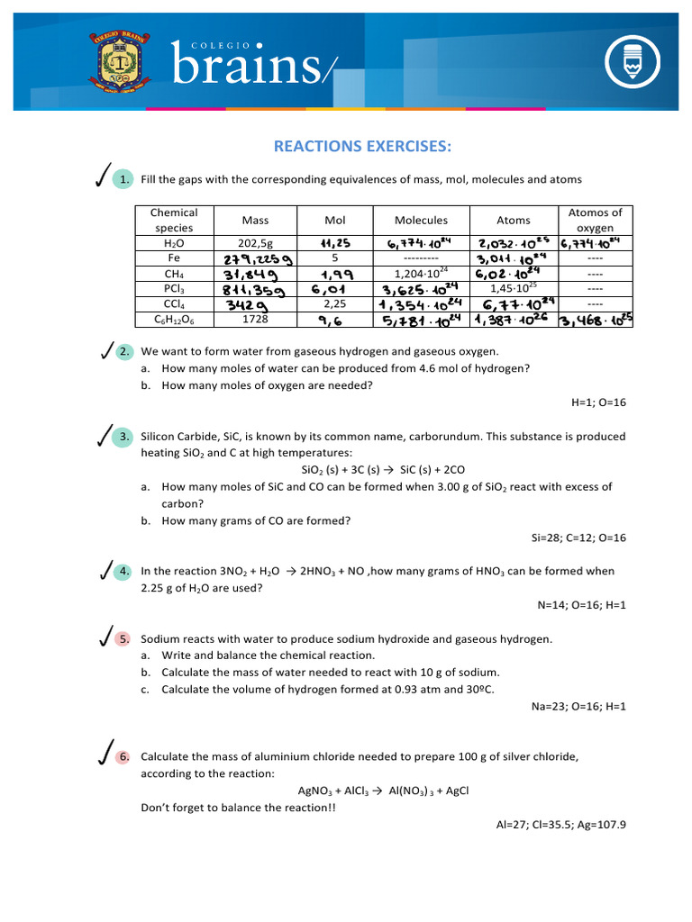 Ejercicios REACCIONES 4º (Masa-Masa Con Gases y Termo) INGLÉS | PDF ...