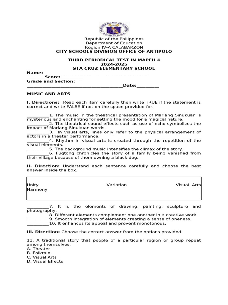MAPEH 4 Periodical Test 2024-2025 | PDF | Foods | Nutrition