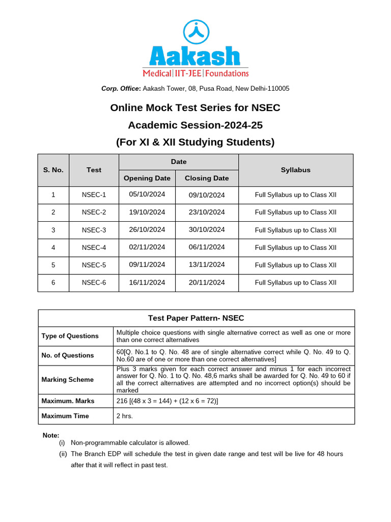 NSEC Online Mock Tests 2024-25 Schedule | PDF