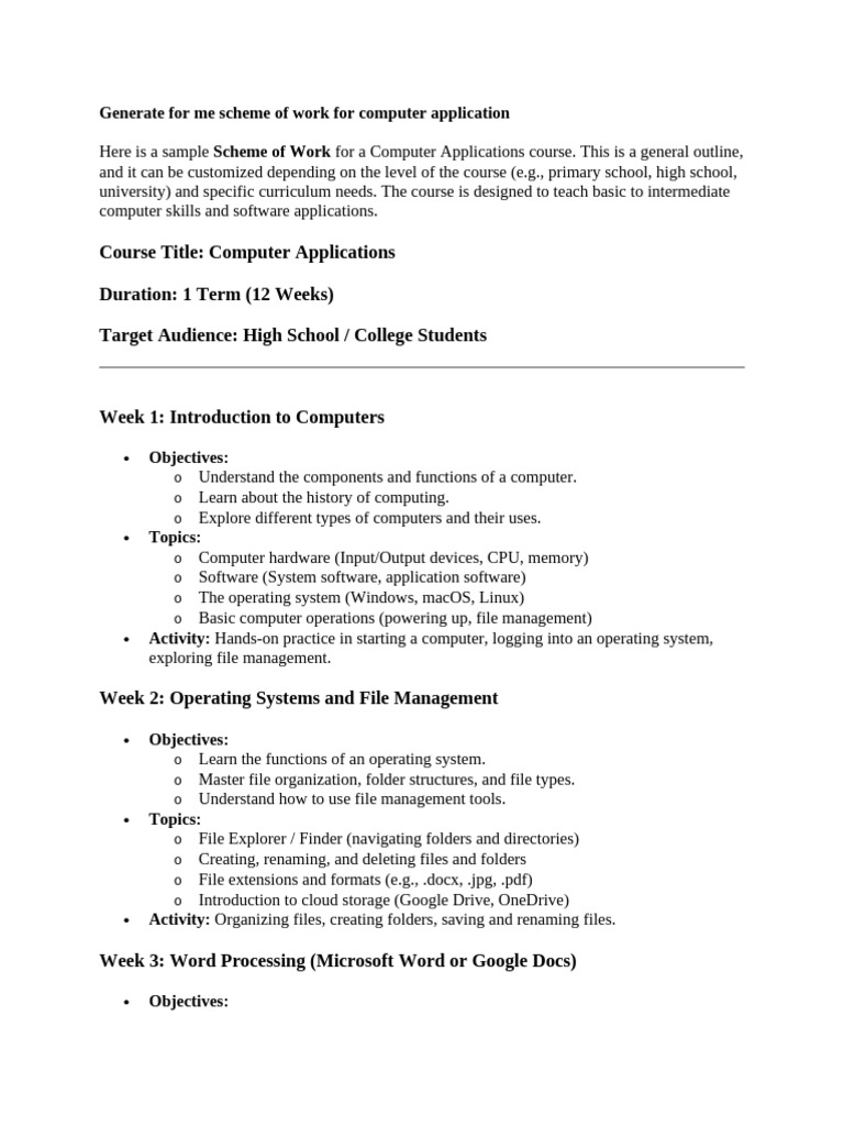 Computer Application Scheme of Work | PDF | Computer File | Operating System