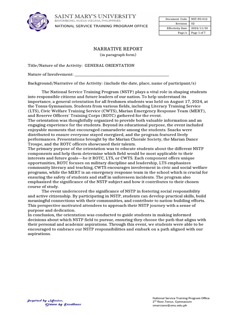 NST FO-012 Narrative Report | PDF