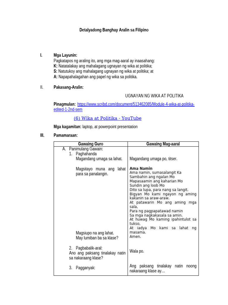 Lesson-Plan-FIL WIKA AT POLITIKA | PDF