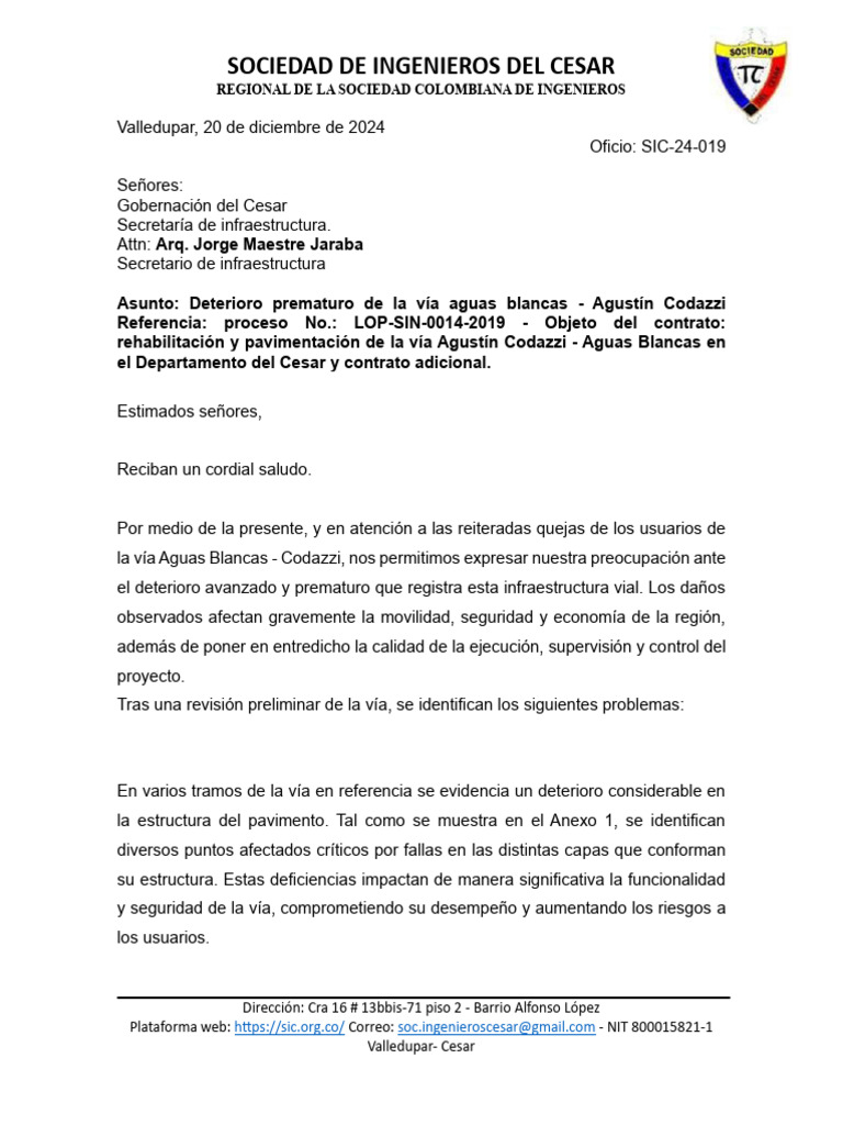 Oficio Sic 24-019 Secretaria Obras | PDF | Colombia