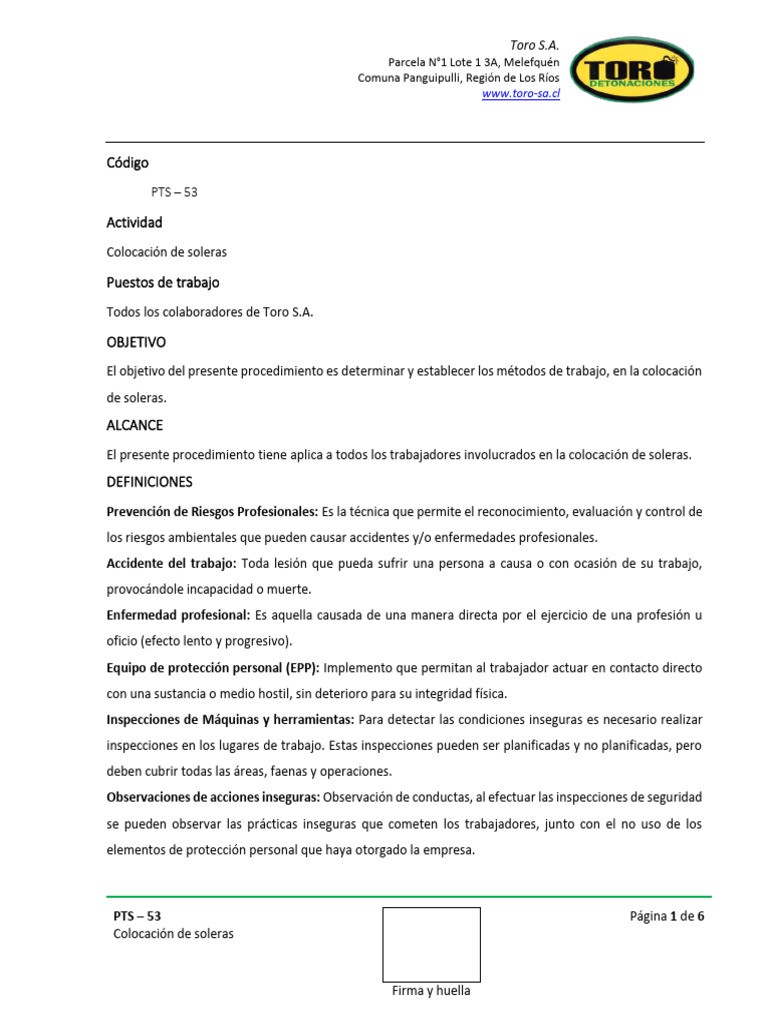 PTS - 53 Colocacion de Soleras | PDF | Hormigón | Seguridad y salud ocupacional