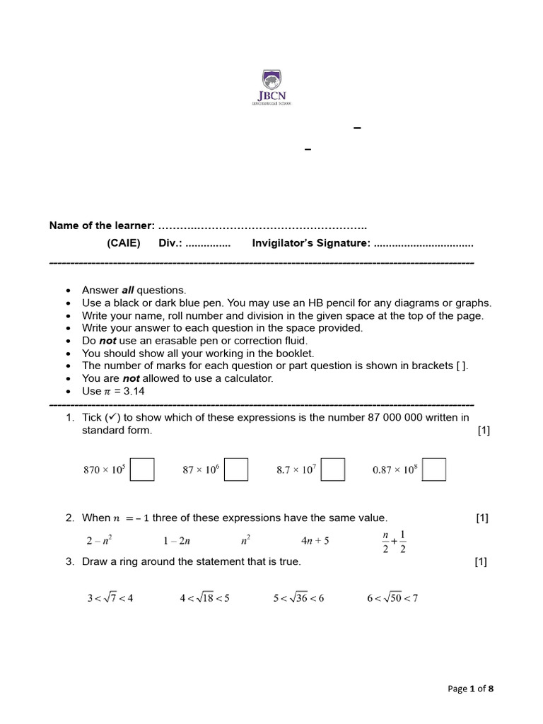 30 Sep Cie G8 Math Sem1 P1 QP | PDF | Mathematics