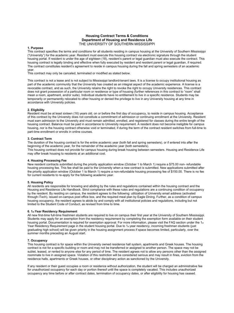 Fall 2025-Spring 2026 Housing Contract Lease Agreement | PDF | Legal ...