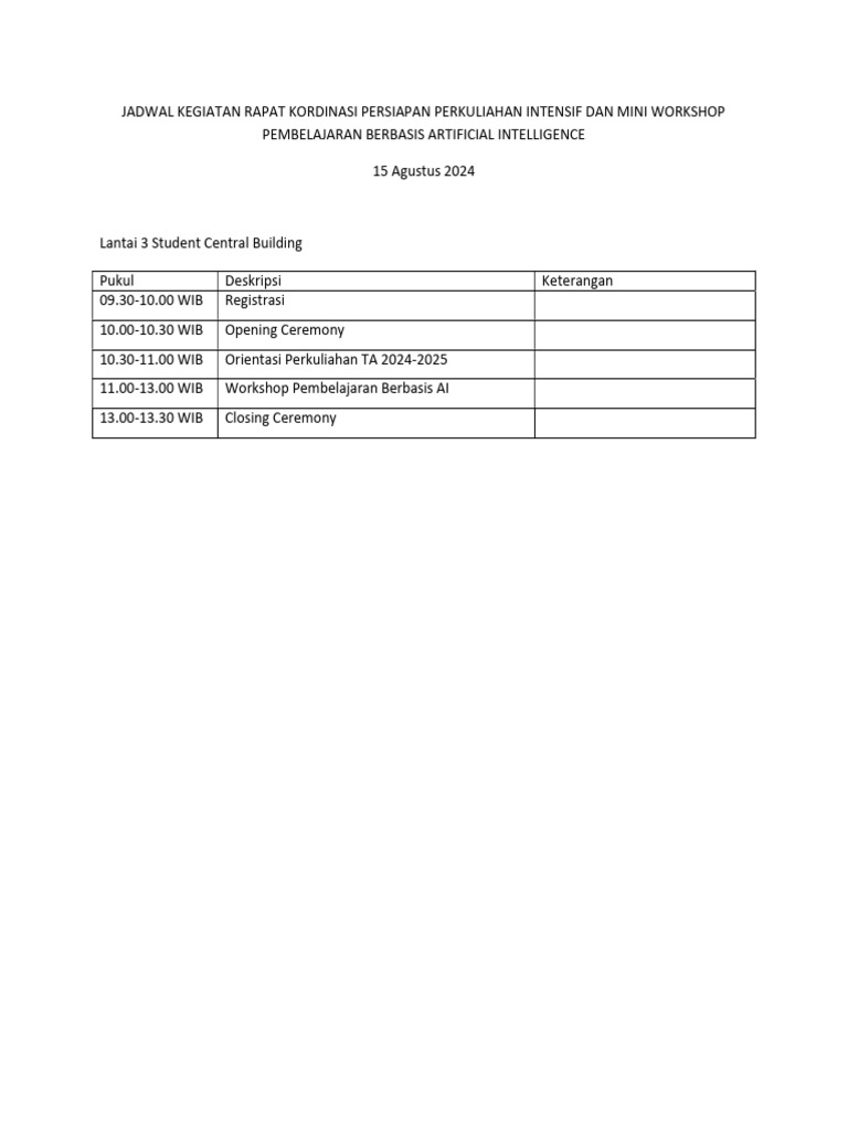 Jadwal Kegiatan Rapat Dan Mini Workshop | PDF
