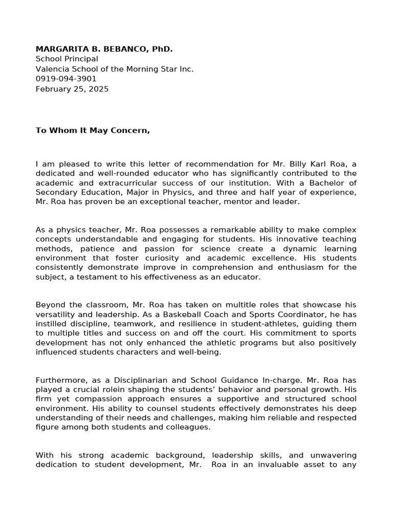 Recomendation Letter Sir. Billy - 103304 | PDF