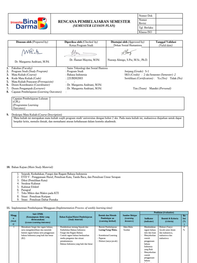 RPS Bahasa Indonesia OBE Revisi | PDF