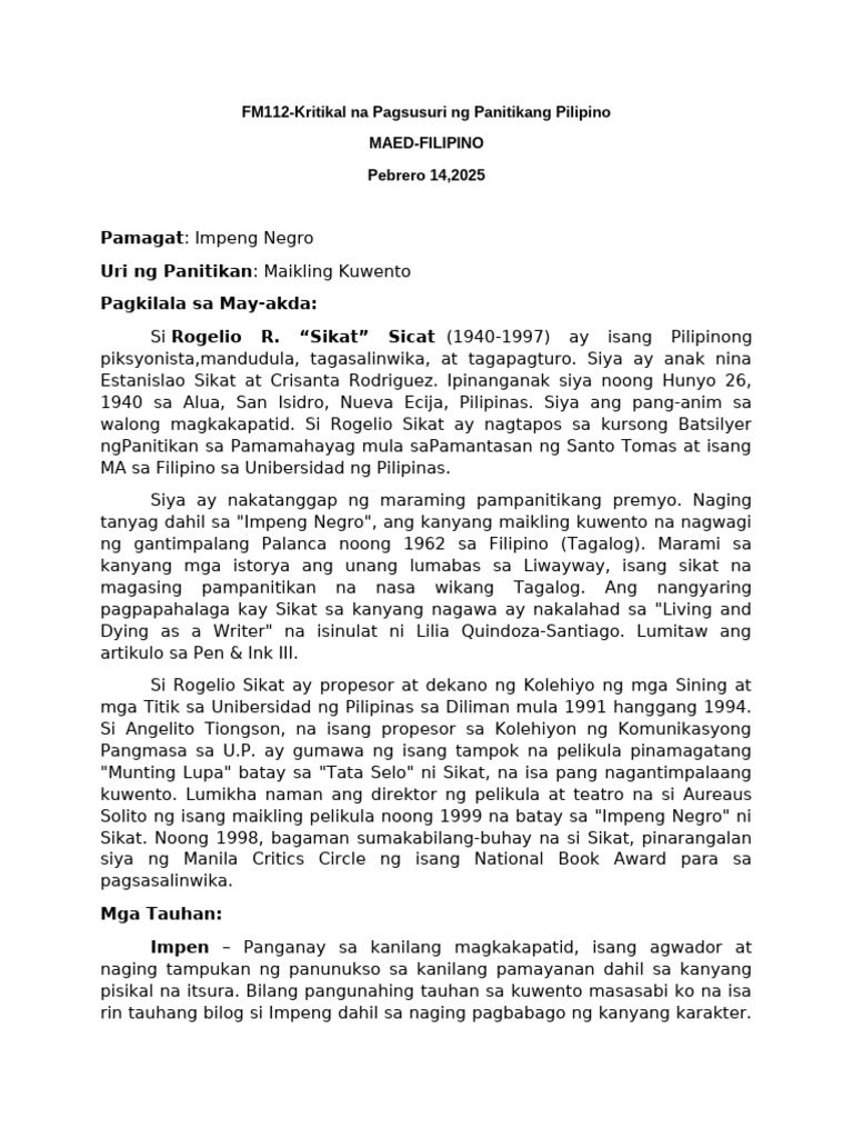 Pagsusuri NG Panitikan (Impeng Negro) | PDF