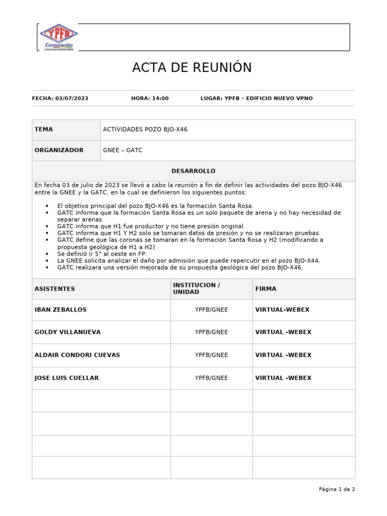 Acta de Reunión BJO X46 | PDF