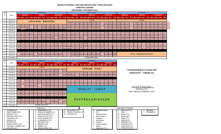 Jadwal Pelajaran 2021-2022 (Semester 2) | PDF