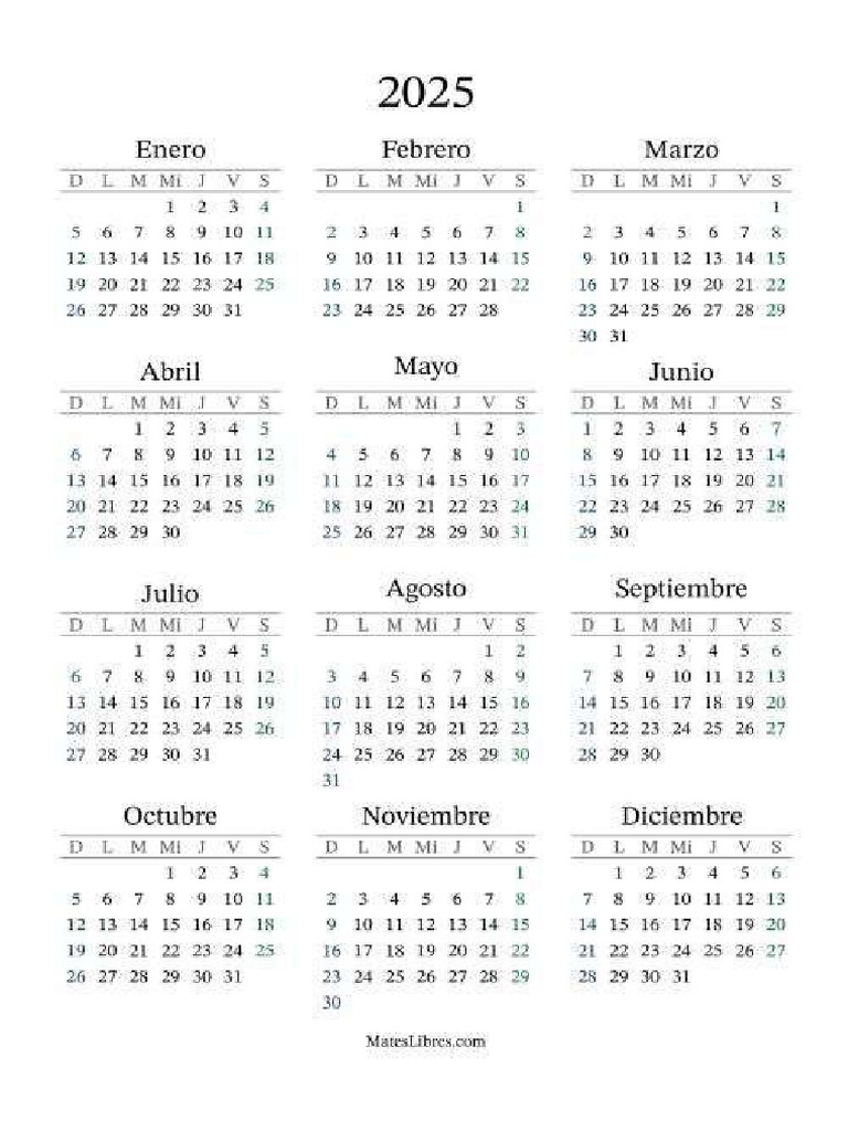 Calendario Anual Domingo 2025 Pin | PDF