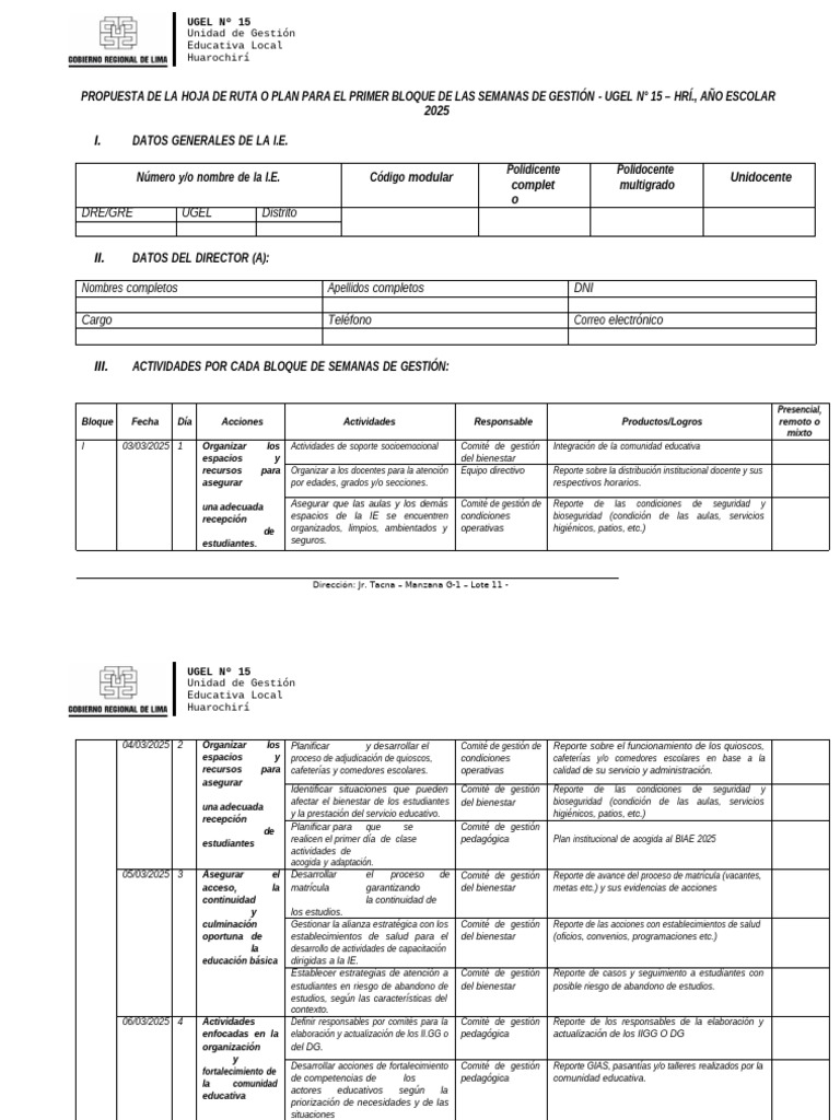 Propuesta de La Hoja de Ruta o Plan Para El Primer Bloque de Las Semanas de Gestión-ugel 15- Hri ...