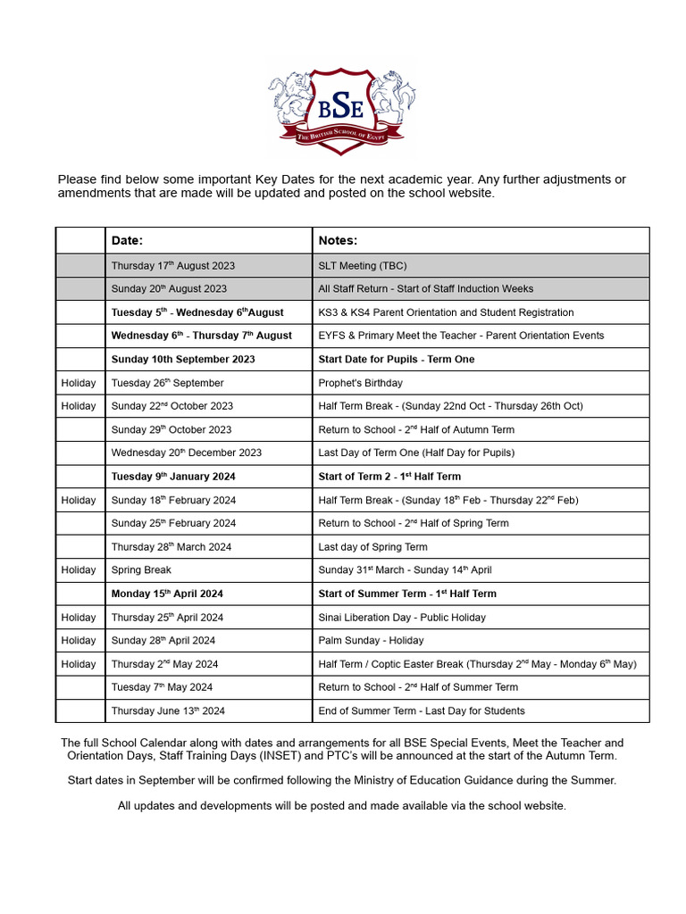 Key Dates 2023 - 2024 | PDF
