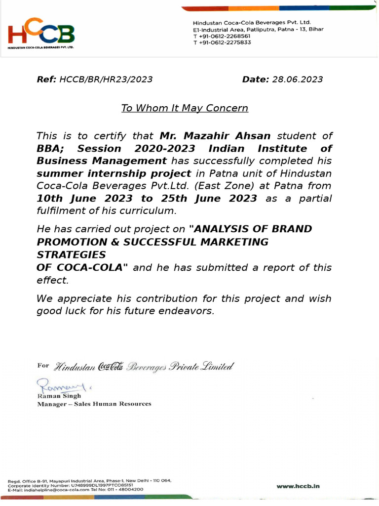 HCCB Internship Certificate | PDF