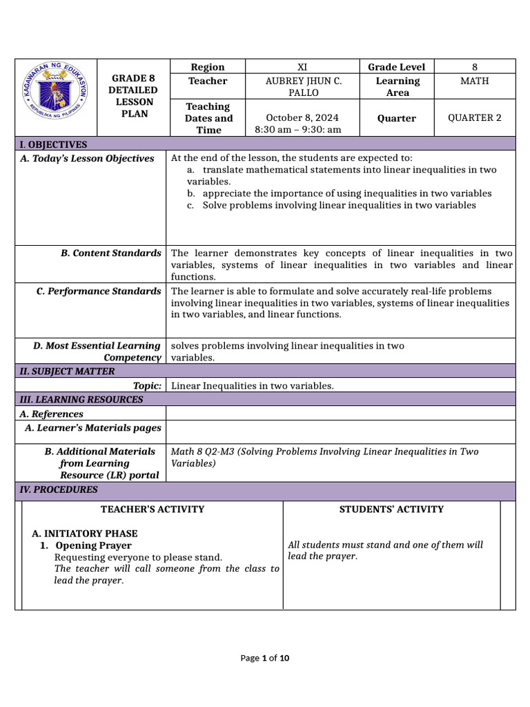 Lesson Plan Linear Inequalities of Two Variables | PDF | Learning ...